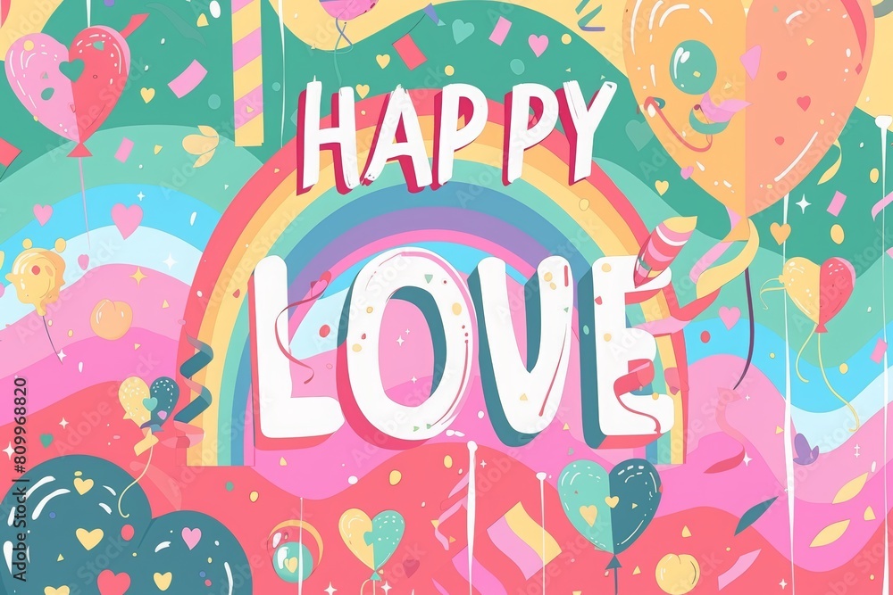 Pride month background with a rainbow, party hat and love sign. A pride ...