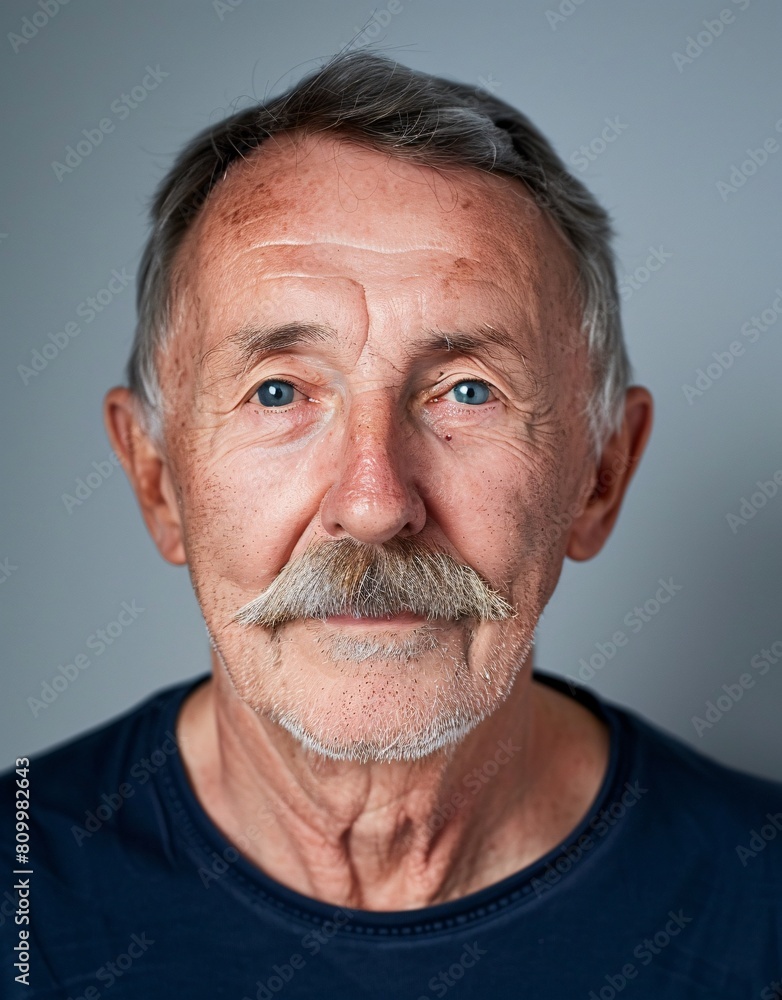 ID Photo for Passport : European elderly person man with straight short black hair and blue eyes ...