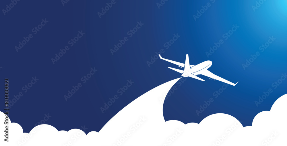 White plane silhouette in blue sky flying above clouds. Vector ...
