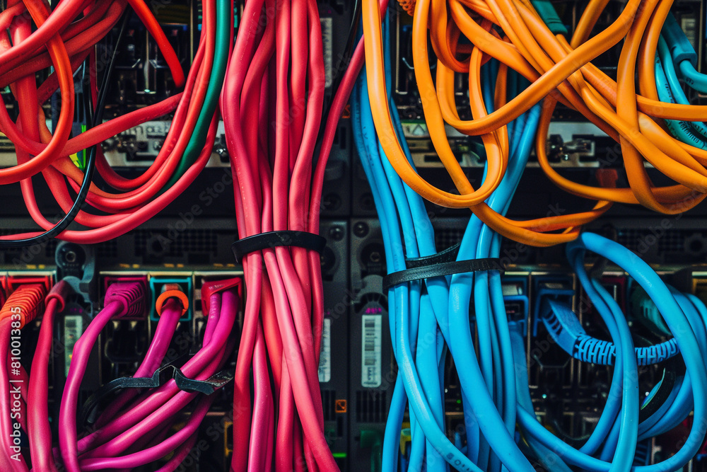 Tangled ethernet cables, a visual pun on the knotty problems in network infrastructure Stock ...