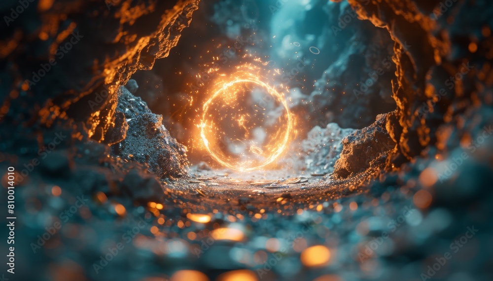 Ancient coins and verdigris textures merge with 3D hologram wireframe portal, glowing quantum ...