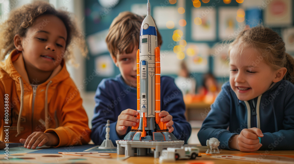 Diverse group of students in a STEM elementary school with a model of a ...