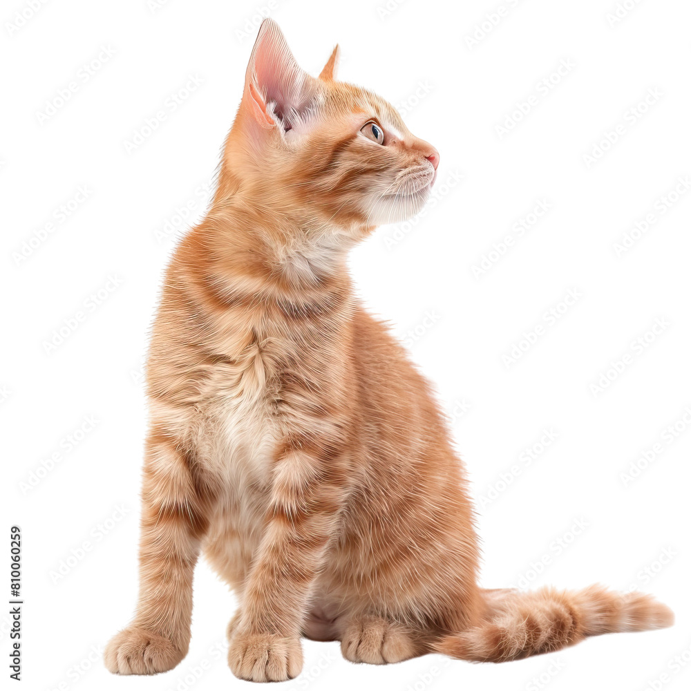 Cute orange tabby cat sitting and looking away on a transparent ...