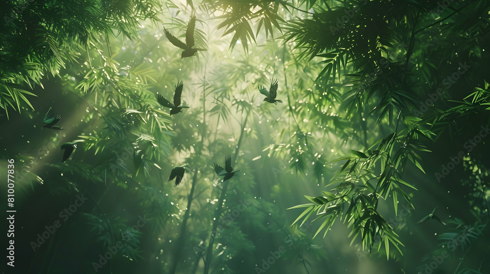 Birds flutter and chirp among the dense green canopy of a bamboo forest ...