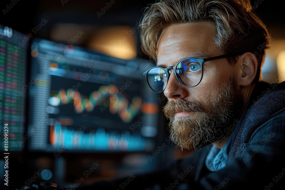 Accountant at work with spreadsheets and graphs on dual monitors ...