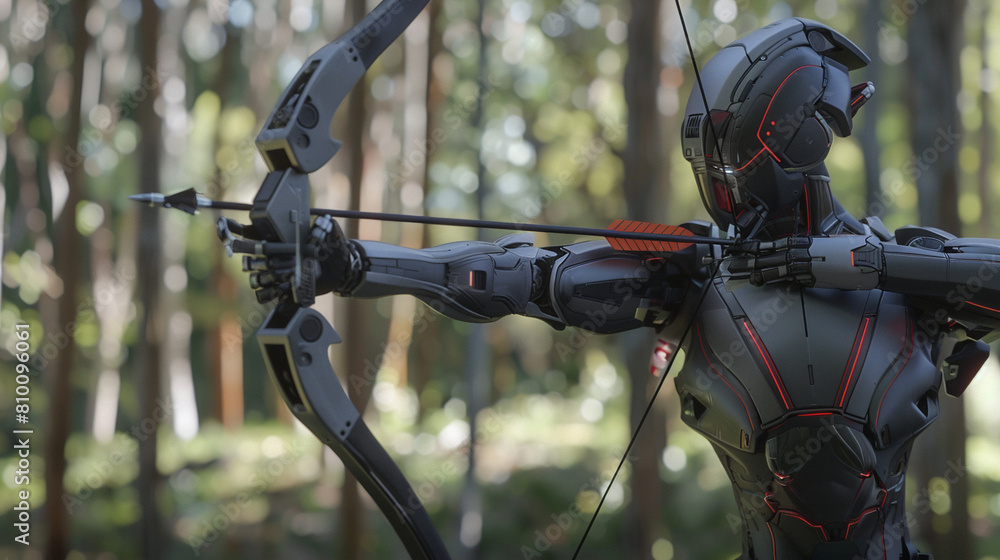 A cybernetic robot archer focusing intensely, drawing a high-tech bow ...