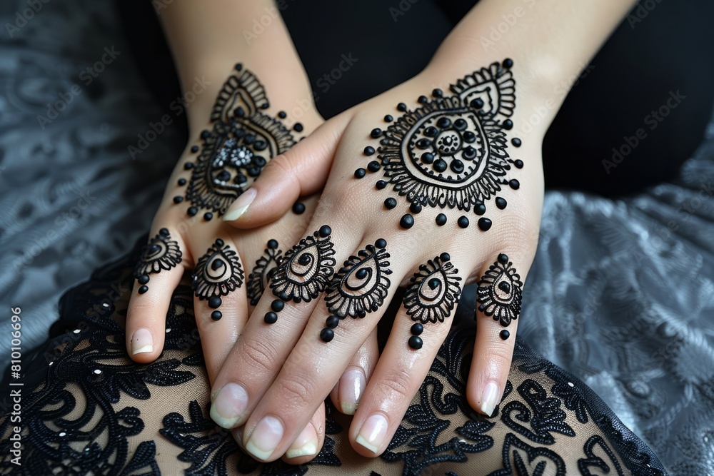 Detailed henna designs (mehndi) on a woman's hands or feet, reflecting ...