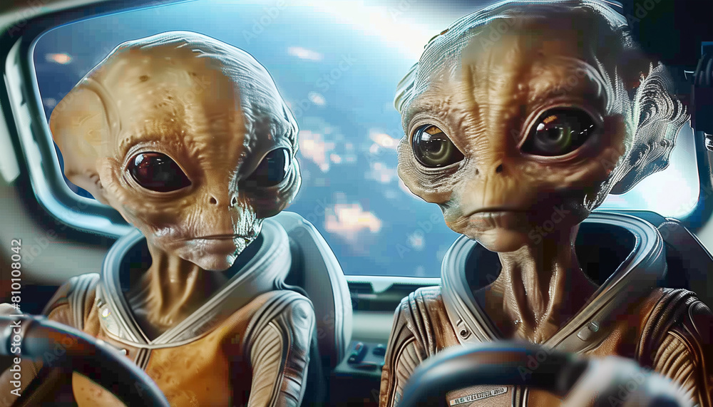 Two aliens enjoy a romantic rendezvous aboard a spaceship. Portraits of ...