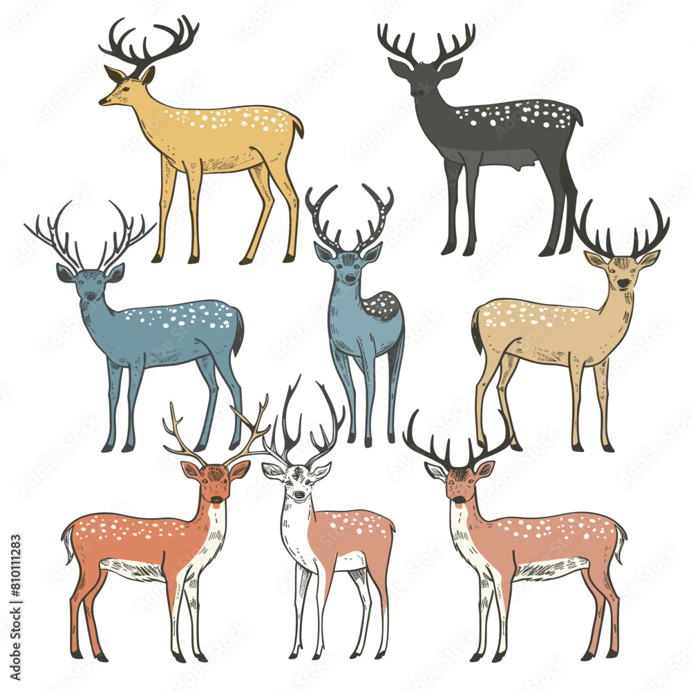 Set different colored standing deer, antlers prominent each, spotted ...