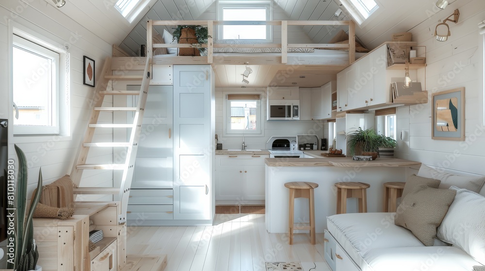 Clean minimalistic tiny house oak wood kitchen, light pastel blue ...