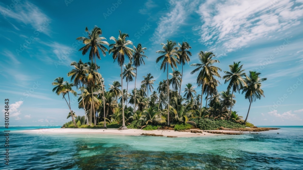 A tiny isle enveloped by palm trees, nestled amidst a blue body of ...
