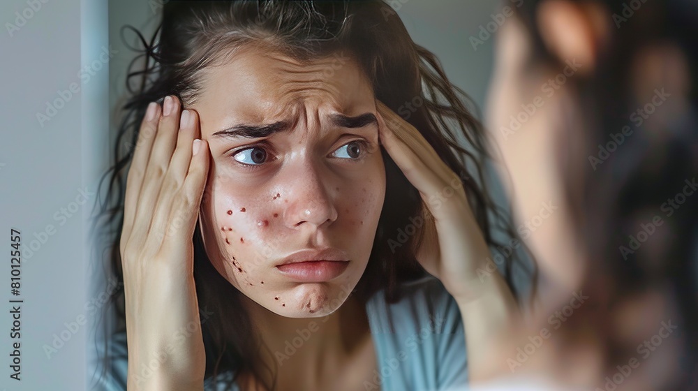 Worried woman looks in the mirror and worries about her acne. She's ...