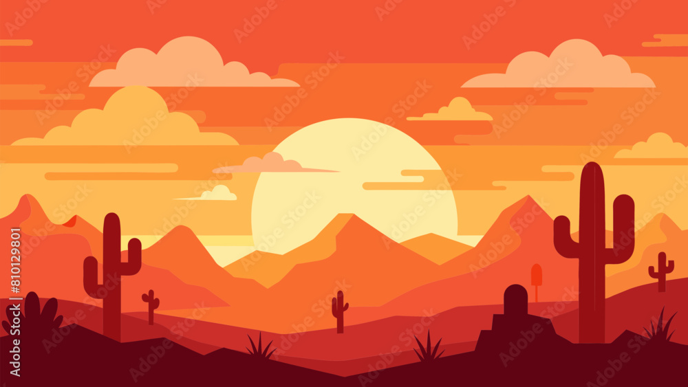 Wild Western Texas desert sunset with mountains and cactus in flat ...