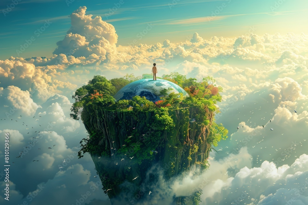 Man Standing on Floating Island Above Clouds with Lush Greenery-World ...