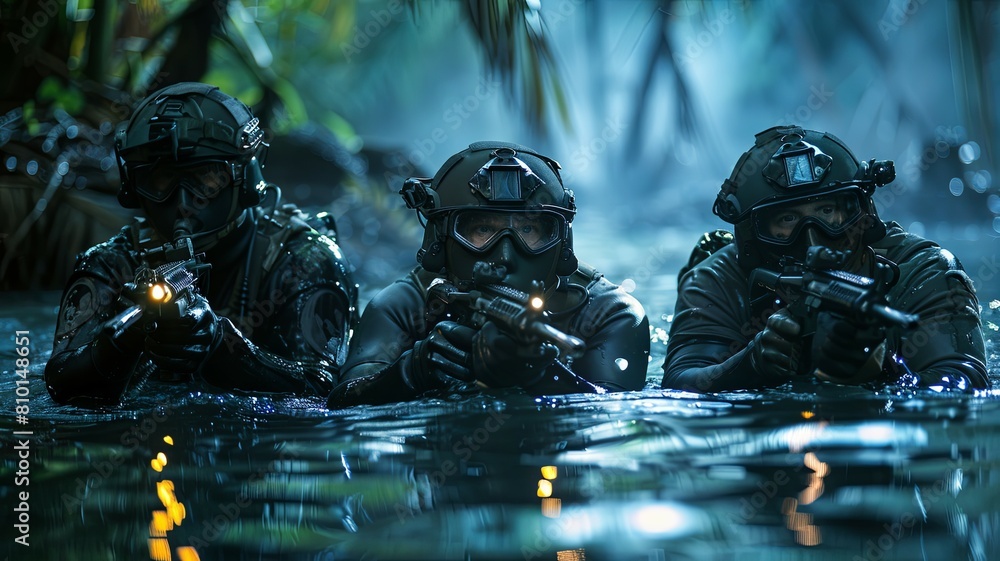 Team of soldiers in water under nightfall - A gripping scene of a ...