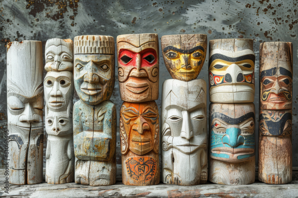 Artistic photo of a series of small timber totems lined up, each ...