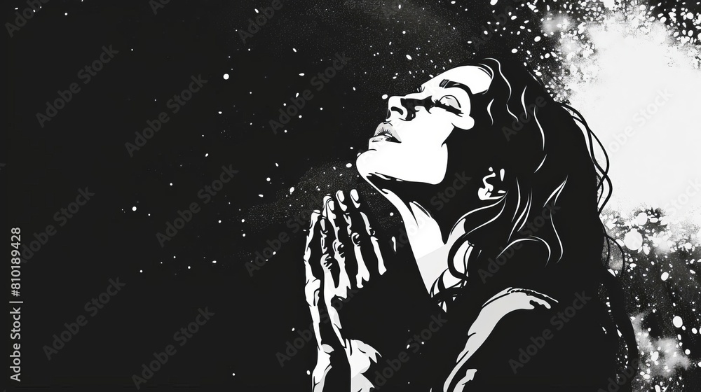 black and white illustration of woman looking up praying towards sky ...