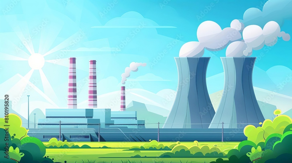 industrial nuclear power plant with cooling towers and smoke chimney ...