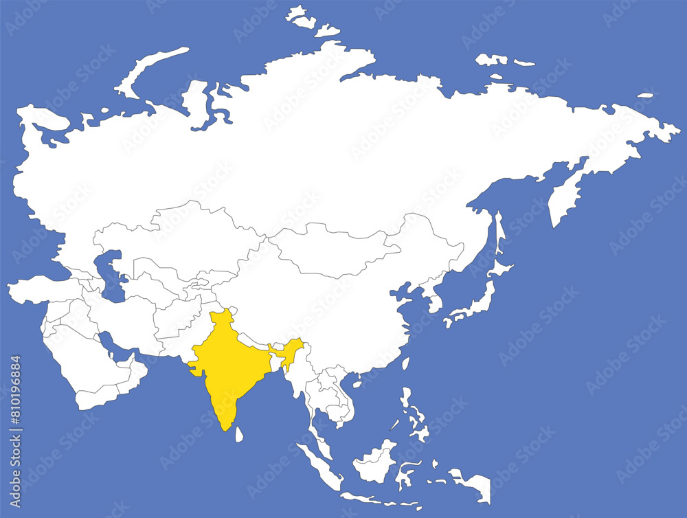 Highlighted yellow map of INDIA inside white political map of Asia ...