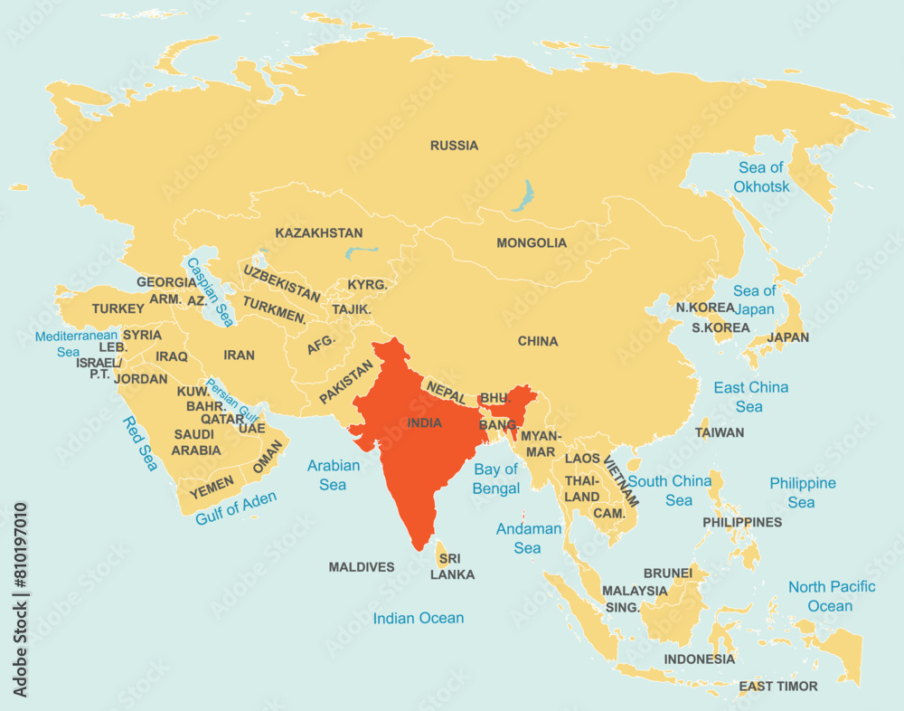 Highlighted red map of INDIA inside orange detailed tagged map of Asia ...