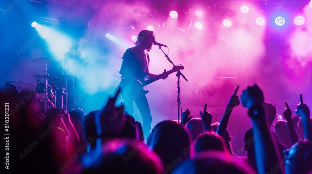 frontman of band playing on a guitar on a stage in front of a cheering ...