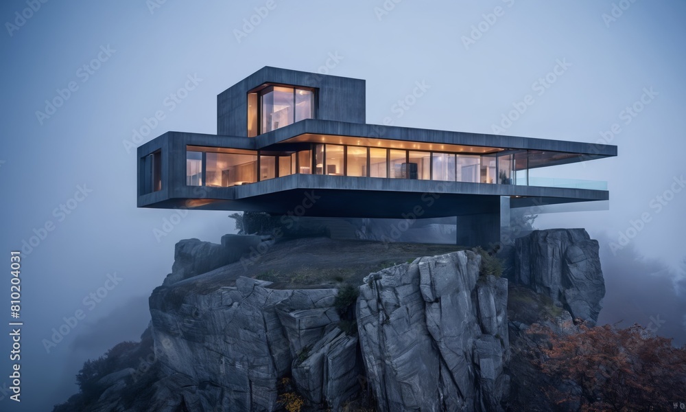 modern house is placed on top of a rocky cliff in the fog. The house ...