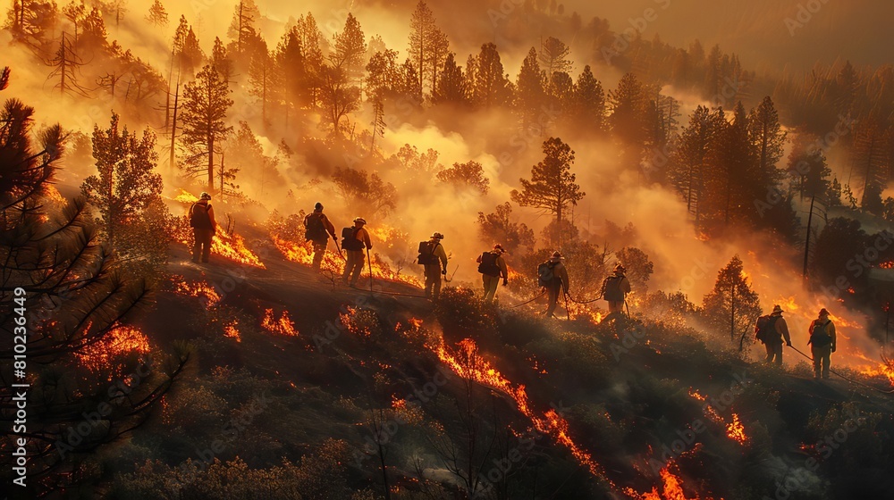 Capture a breathtaking long shot of a wildfire being managed by a team ...