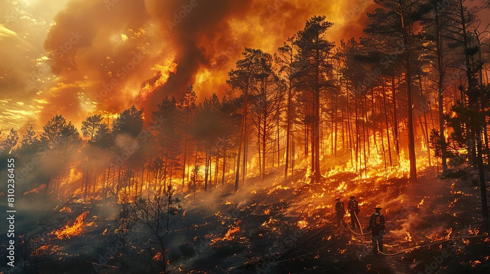 Capture a breathtaking long shot of a wildfire being managed by a team ...