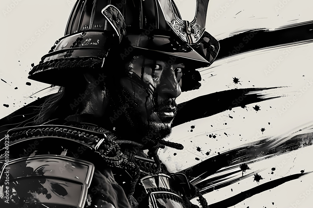 "Monochrome Samurai Warrior in Dynamic Brushstroke Style" "Ink Brush ...
