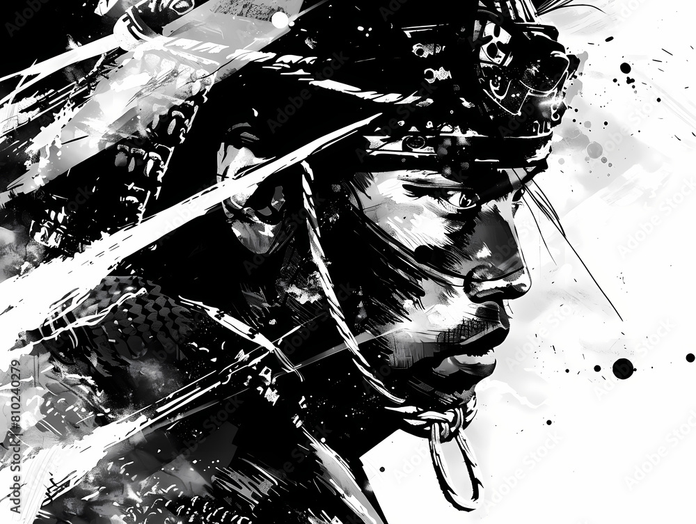 "Monochrome Samurai Warrior in Dynamic Brushstroke Style" "Ink Brush ...