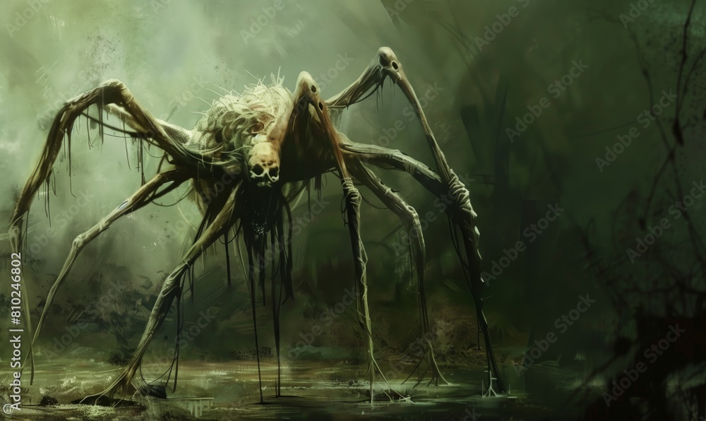 Surreal swamp creature with skulls emerging from the misty landscape ...