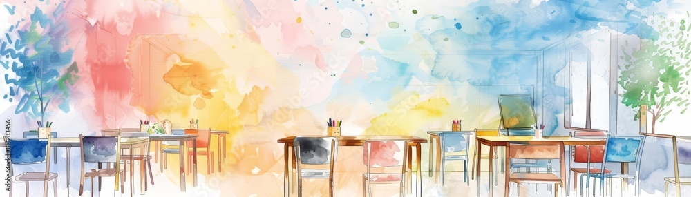 Watercolor of an educational classroom scene in Japan draw art styles ...