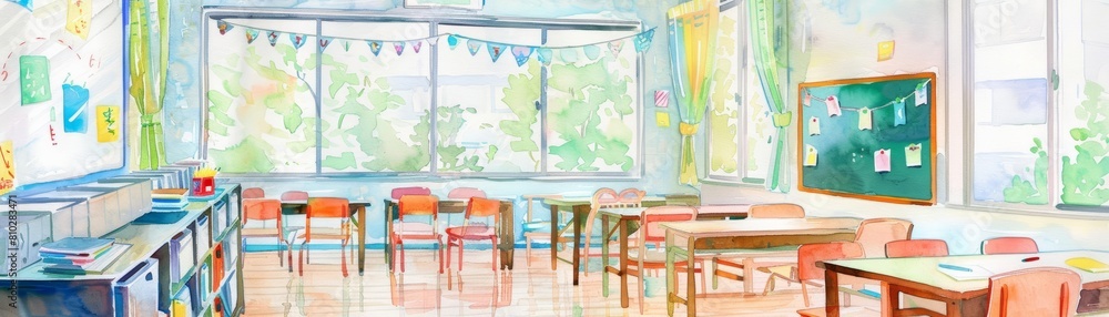 Watercolor of an educational classroom scene in Japan draw art styles ...