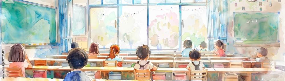 Watercolor of an educational classroom scene in Japan draw art styles ...