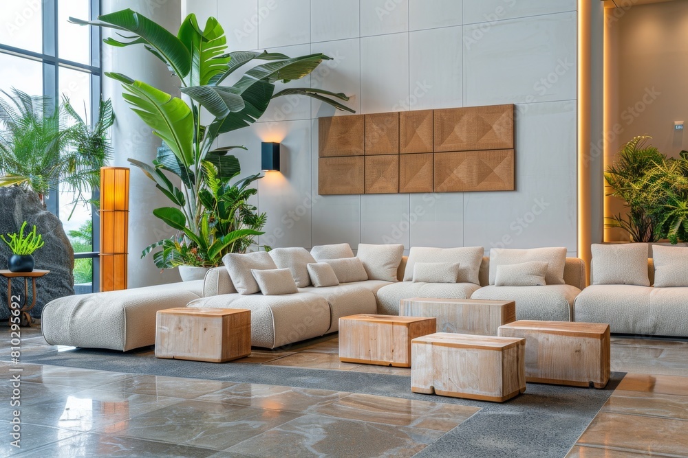 Elegant, modern lounge area featuring cozy seating, vibrant green ...