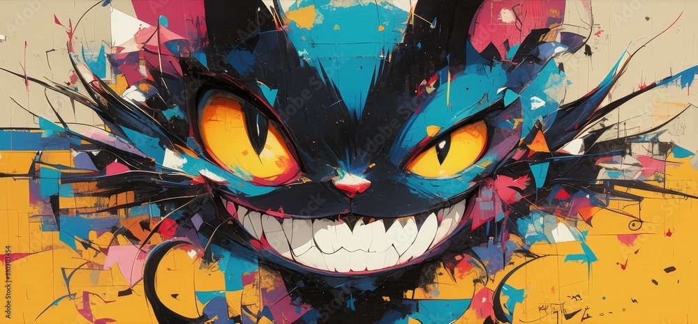 Evil cat with yellow eyes and sharp teeth, smiling sinisterly. The ...