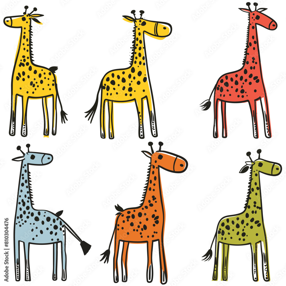 Six colorful cartoon giraffes standing, various patterns colors, cute ...