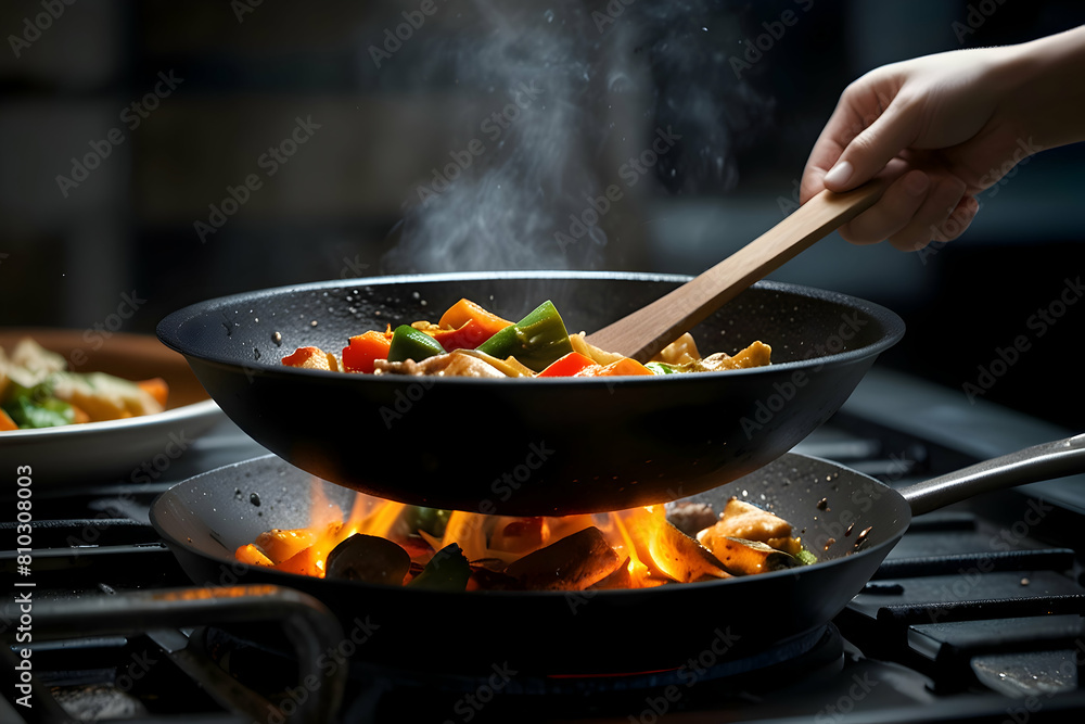 A high quality image of A sizzling skillet on the stove with a cook ...