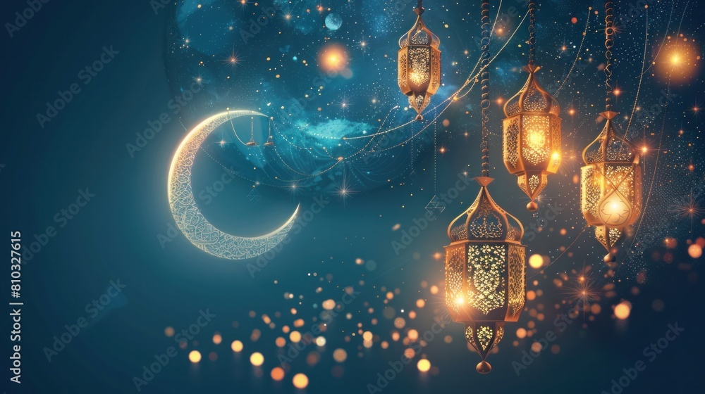 Hanging lanterns and a crescent moon Concept for the Islamic Festival ...