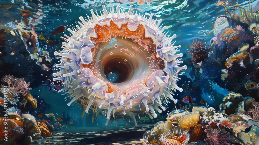 Envision a unique twist on a traditional depiction of a sea urchin in a ...