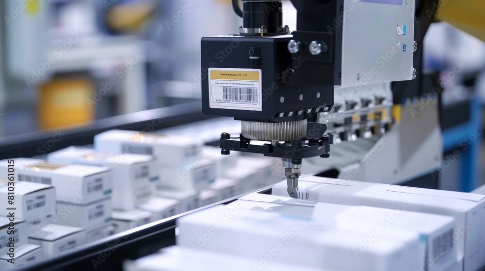 A close-up of the robotic arm's packing slip printer. The printer is ...