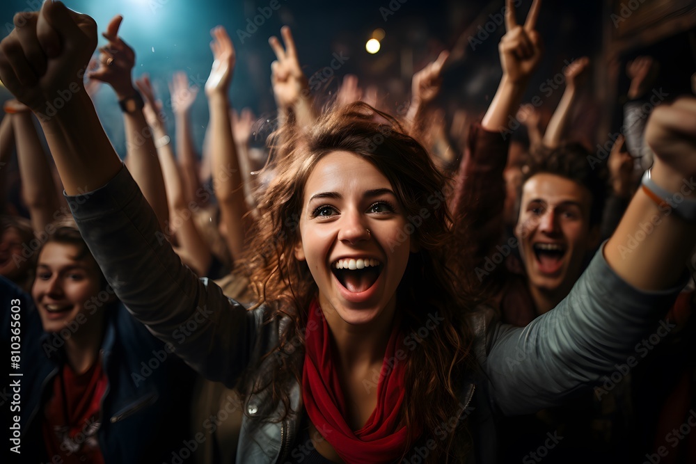 Crowd in ecstatic reaction, capturing facial expressions and hands ...