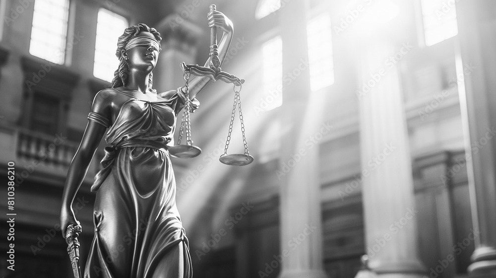 Statue of Lady Justice in the rays of the sun against the backdrop of a ...