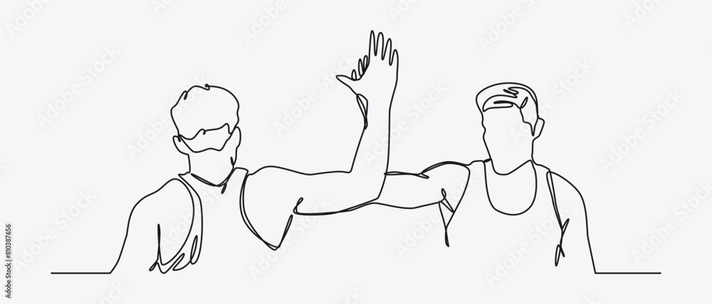 continuous line drawing of two men making a high-five gesture. concept ...