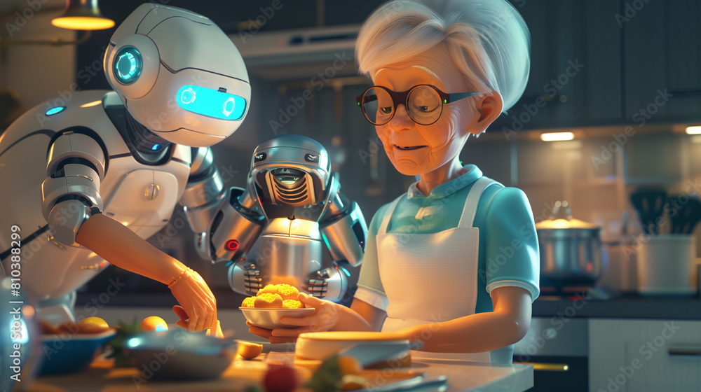 Grandmother and robot cooking meal with virtual hologram graphic of ...