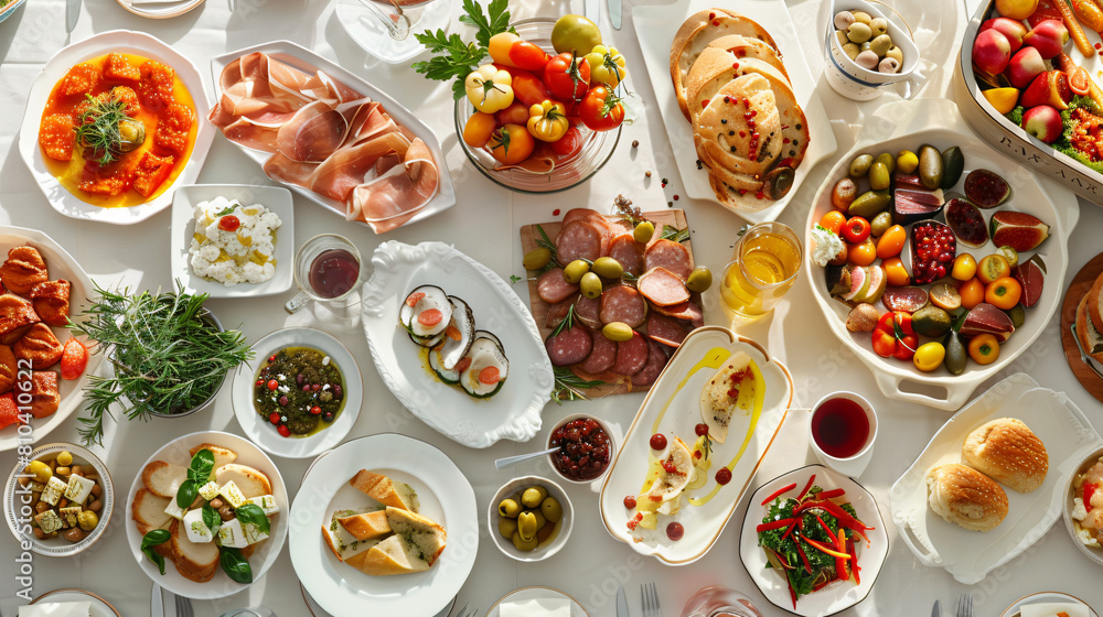 Full table of delicious European foods and drinks from top view, Happy ...