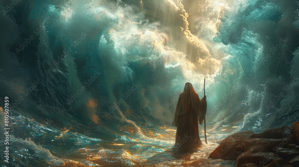 Portrait of the biblical back view of Moses dividing the sea with his ...