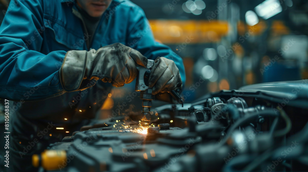 Professional mechanic performing welding on a car engine in a dimly lit ...