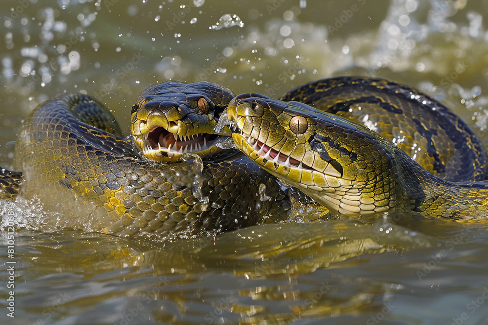 Green anaconda fighting in pond. Stock Illustration | Adobe Stock