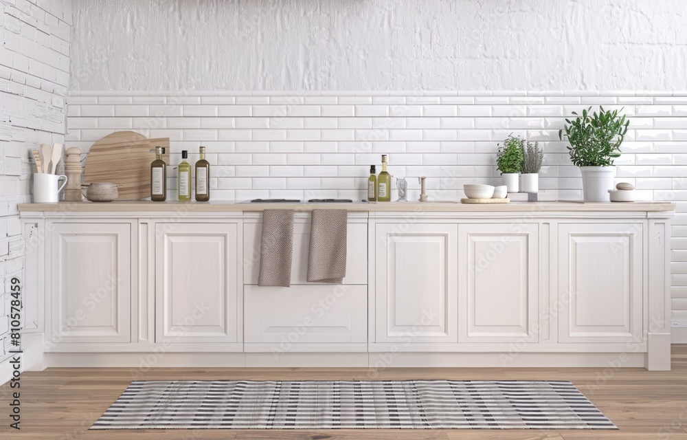 3D rendering of a white kitchen with cabinets and a wooden floor, the ...